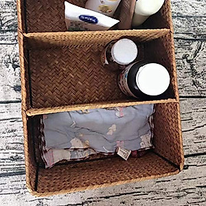 Cabilock Hand-Woven Basket Seagrass Seaweed Woven Storage Box 3-compartments Desktop Organizer Case for Home Bathroom Office Decor 32x22x11cm (Yellow)