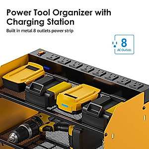 CCCEI Modular Power Tool Organizer Wall Mount Charging Station, Yellow 6 Drills Holder with 8 Plug Power Strip, Garage Drill Battery Heavy Duty Metal Shelf, Utility Rack with Hooks, Side Storage.