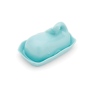 Fox Run Whale Ceramic Butter Dish with Lid, 7", Aqua Blue