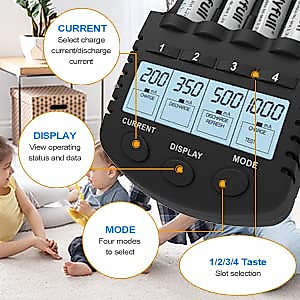 Dlypow Multifunction Batteries Charger for Ni-MH/CD AA AAA Rechargeable Batteries Charger, Smart Charger(Charge,Discharge,Refresh,Capacity Test Function), LCD Display USB Input