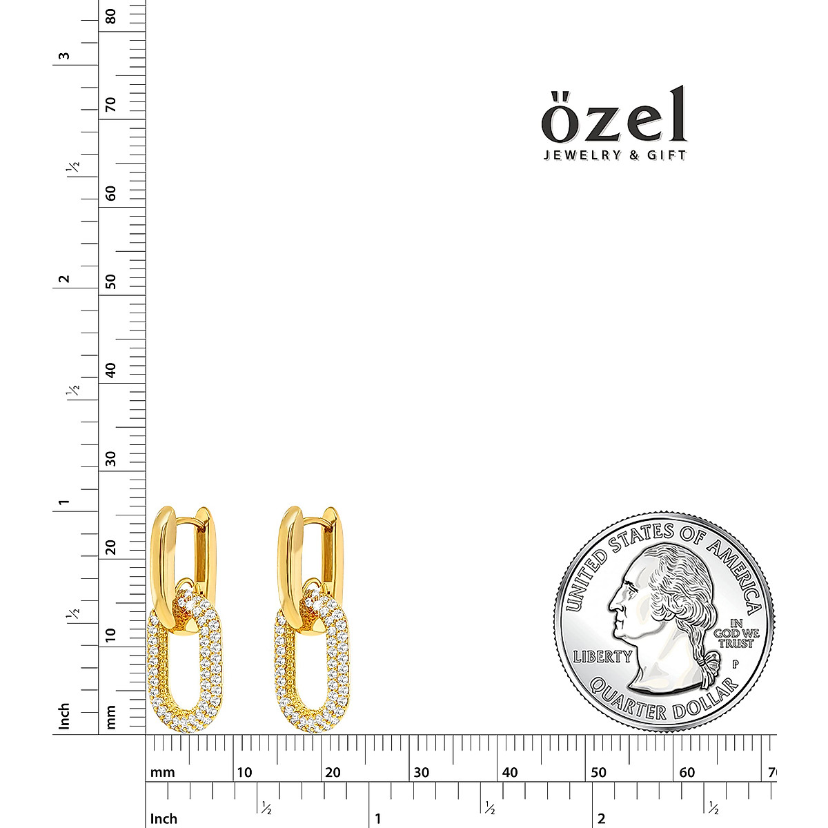 OZEL – CZ Chain Link Dangle Earrings for Women with Cubic Zirconia Stones – 14k Yellow Gold or White Gold Plated Square Oval Round U Shape (G3C0807-1)