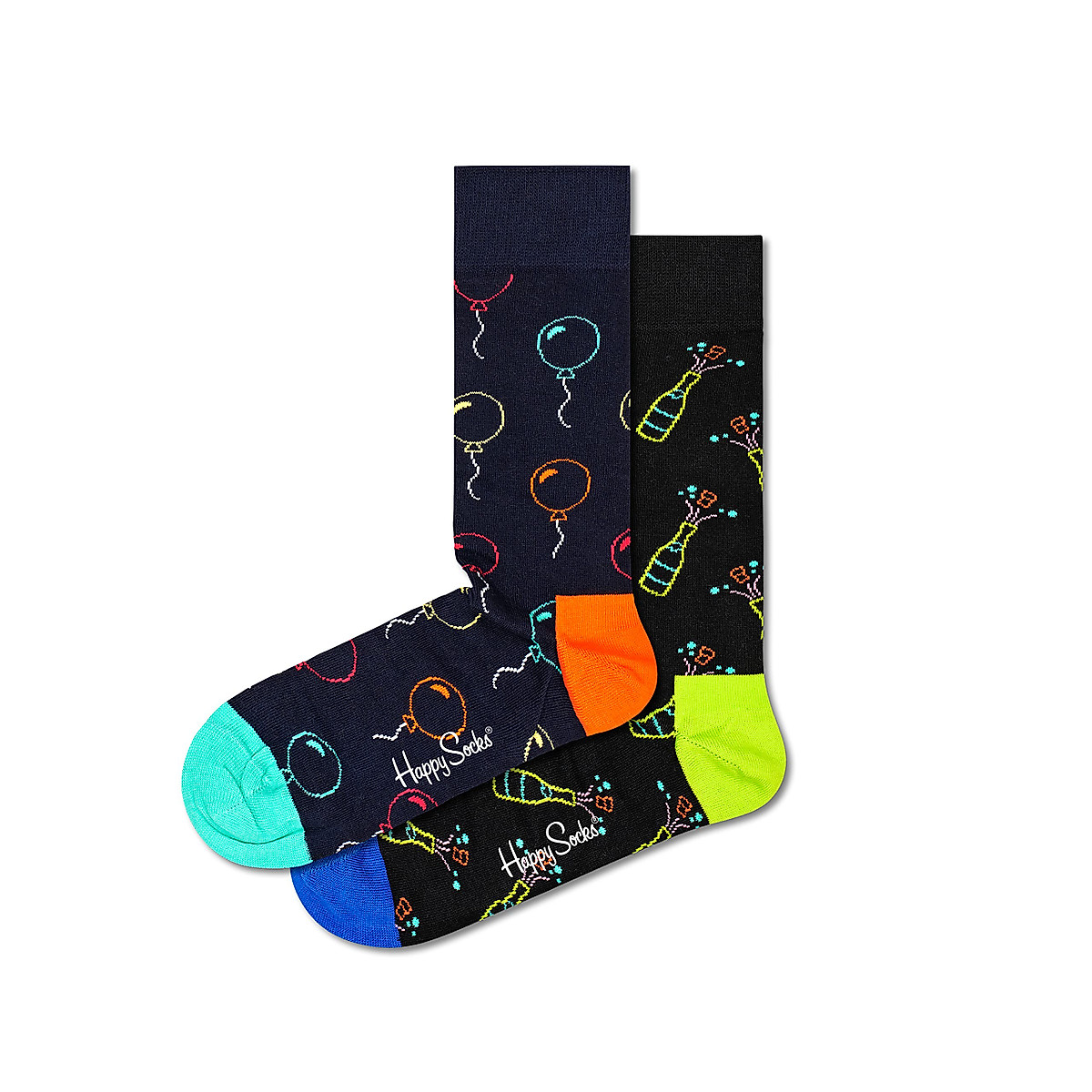 Happy Socks Pop Champagne Party Sock - for Men and Women, Made with Sustainable Cotton- Black and Neon- Size 10-13 (2-Pack with Gift Box)