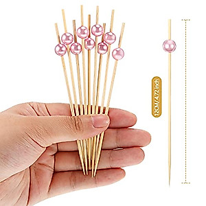 120 Counts Fancy Toothpicks for Appetizers Faux Pearl Charcuterie Cocktail Picks Wooden Decorative Toothpicks Handmade Sticks Long Appetizer Cocktail Sticks for Home Party, Dessert, Fruit (Rose Gold)