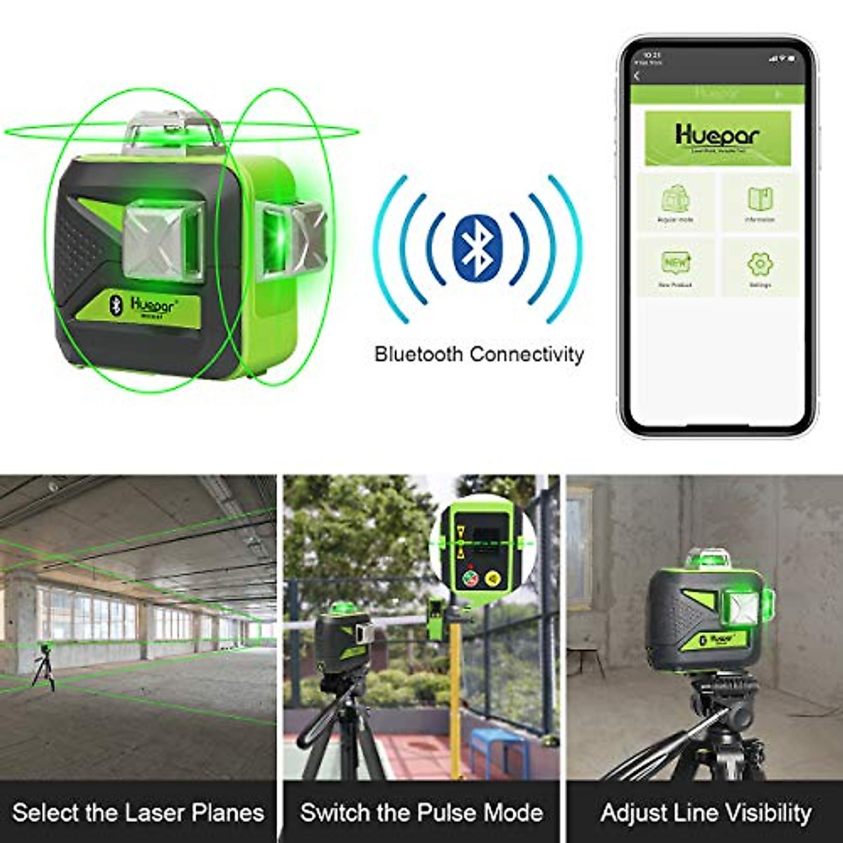 Huepar 3 x 360 Green Beam 3D Laser Level with Bluetooth Connectivity Three-Plane Self-Leveling and Alignment Cross Line Laser Level -One 360° Horizontal and Two 360° Vertical Lines Laser Tool 603CG-BT