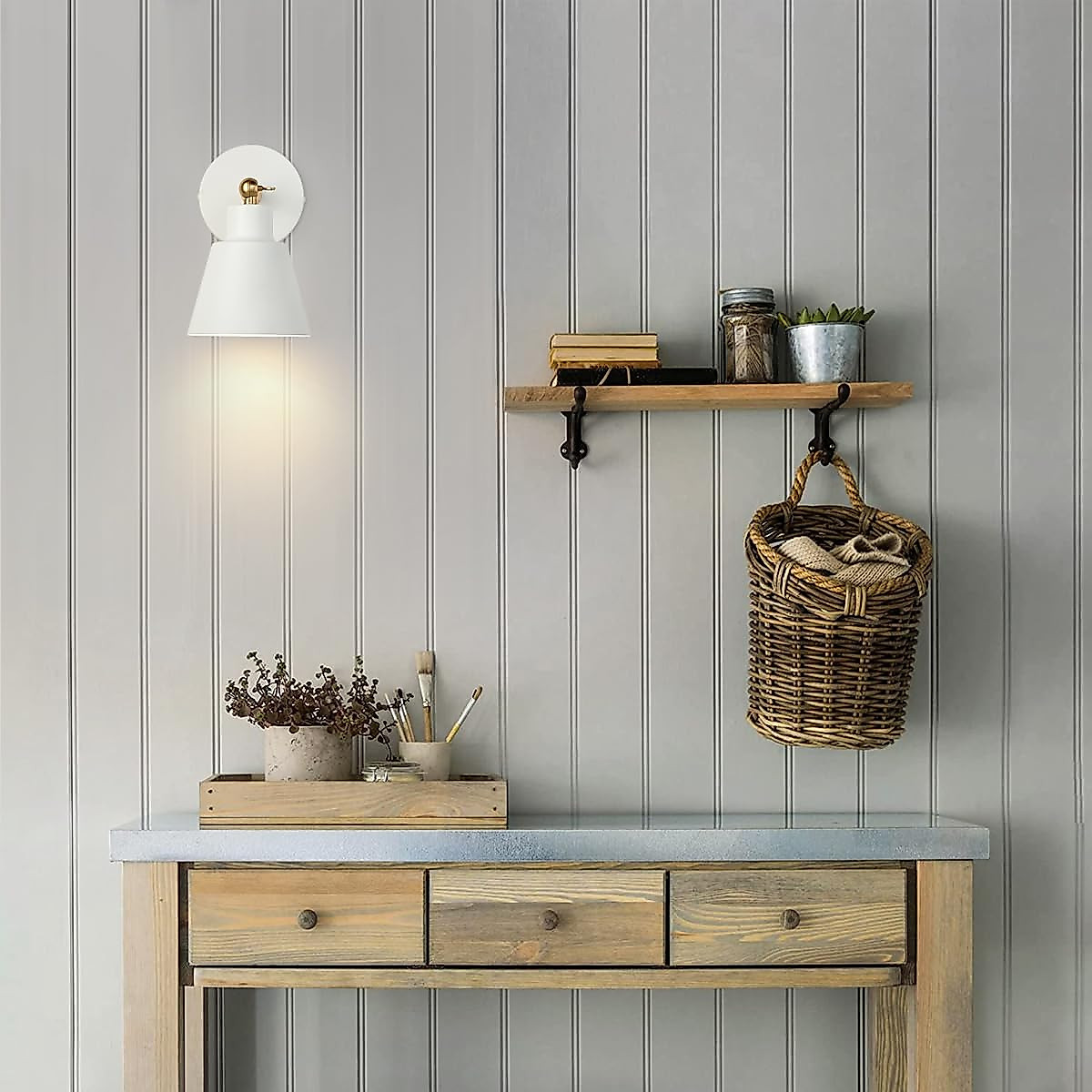 ClanKin White Wall Sconces Lighting Fixture, Nordic Wooden Bedside Wall lamp with On-Off Switch for Industrial Bedroom, Bathroom Sink Lighting for Hallway Living Room(1Pack with On-Off Swtich)