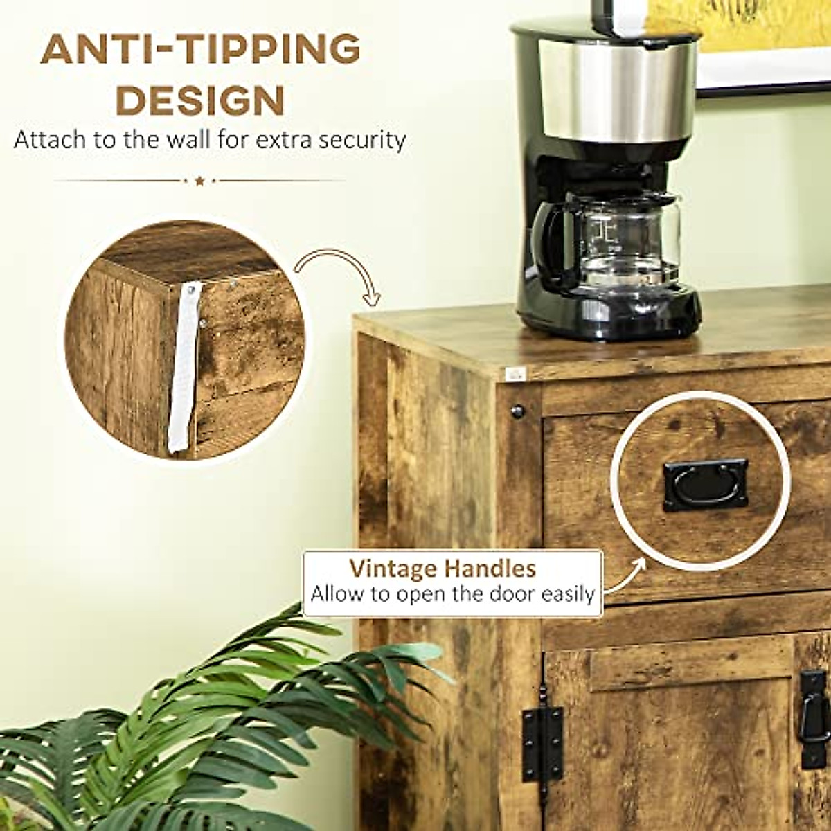 HOMCOM Industrial Sideboard Buffet Cabinet, Kitchen Cabinet with Five Drawers, Two Door Cabinets, Adjustable Shelf Coffee Bar Cabinet, Brown