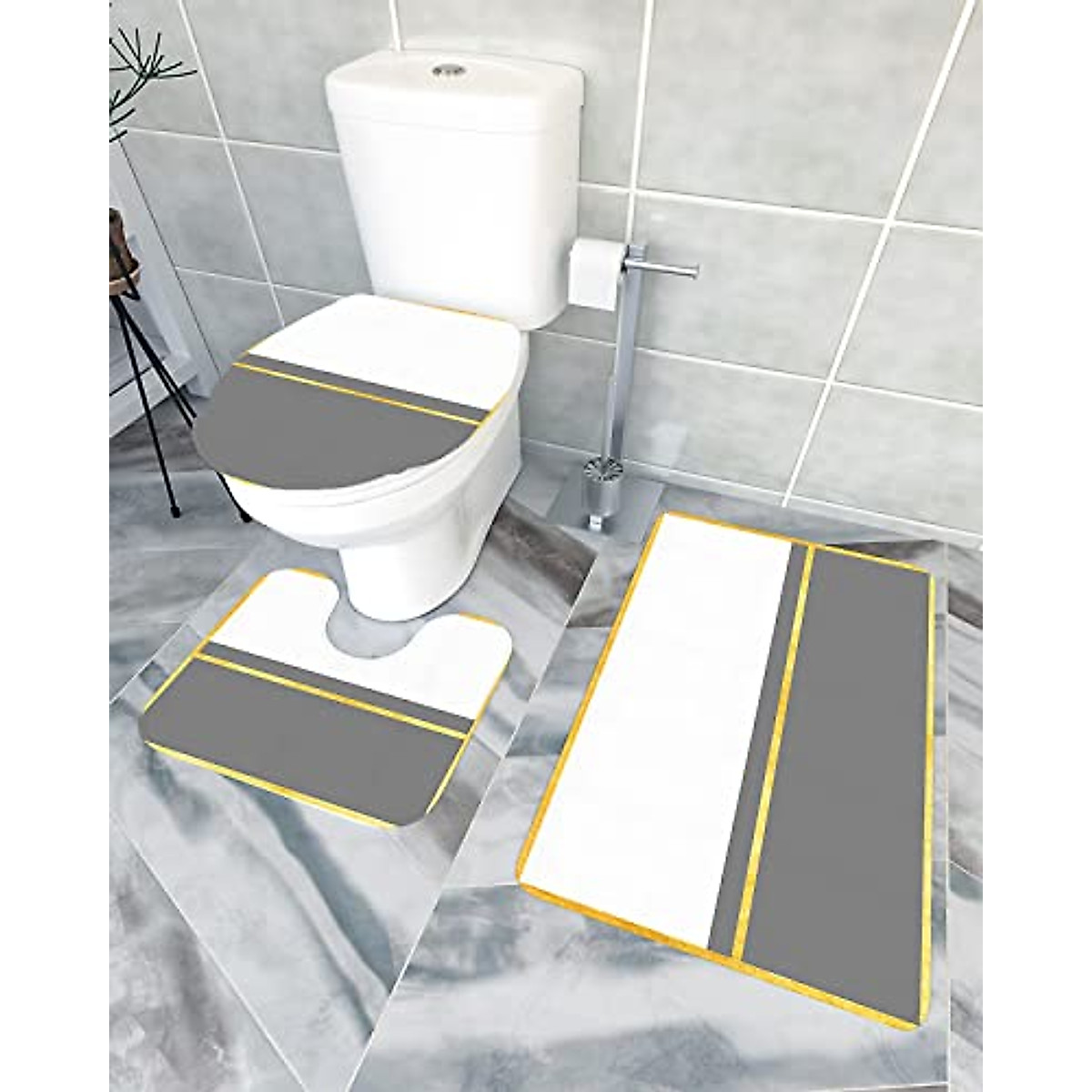 Modern Grey Bathroom Rugs Mat Sets 3 Piece, Bath Shower Rugs with U-Shaped Contour Toilet Mat, Geometry Abstract Yellow Stripes White Art Large Absorbent Bathtub Runner Rugs Floor Mats