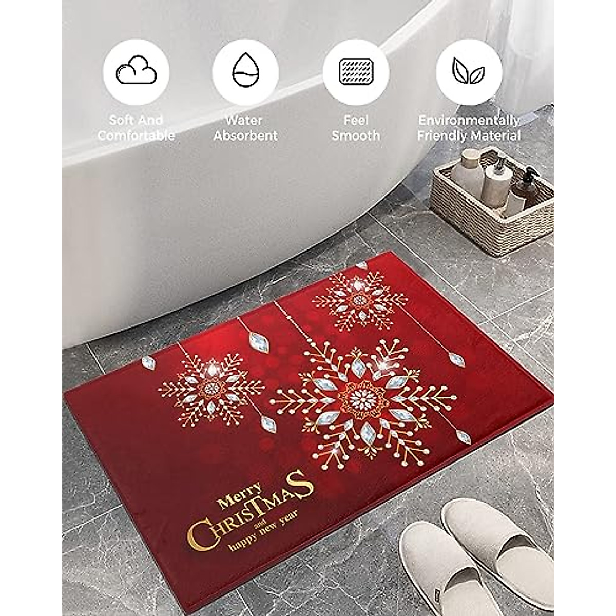 Indoor Doormat Merry Christmas Snowflake Glow Diamonds,Shaggy Floor Mat with Non-Skid Backing Dots Shadow Red Back,Machine Washable Plush Area Rug Carpets for Kitchen Nursery Bedroom