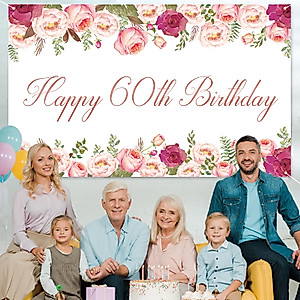 Vlipoeasn Elegant White Happy 60th Birthday Decorations for Women Rose Gold Flower Peony Photography Backdrop for 60th Birthday Party Surprise for Mother Cheers to 60 Years Old Birthday Party Supplies