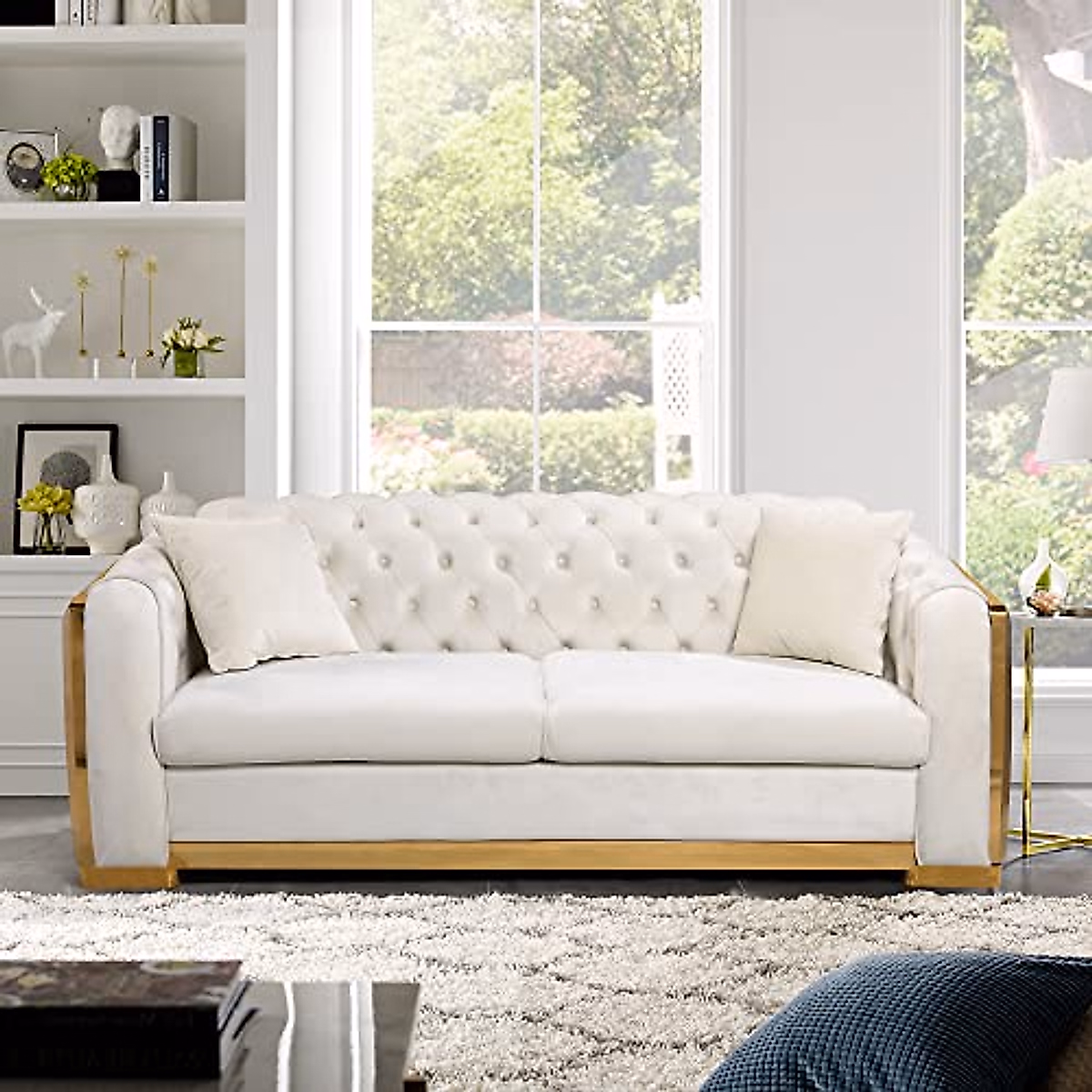 Chesterfield Loveseat Velvet, 82" Large Upholstered Sofa with Button-Tufted Back, Retro Modern Sleeper Sofa Settee with Curved Gold Metal Frame, 3 Seater Wide Comfy Couches for Living Room (White)