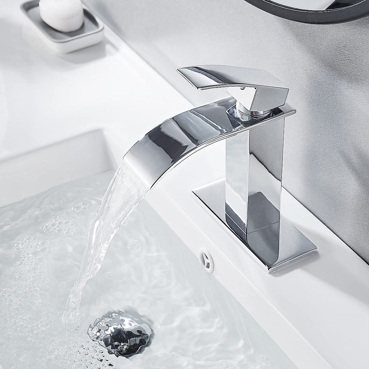 VOTON Chrome Bathroom Faucet Waterfall Single Handle Single Hole Bathroom Sink Washbasin Faucet with Pop-up Drain