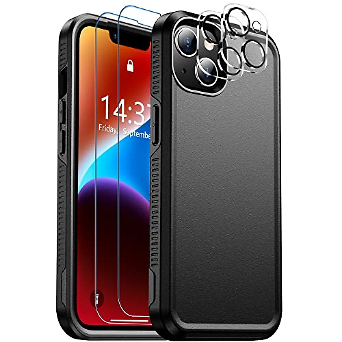 Justcool 5-in-1 iPhone 14 Plus Case: 10ft Military-Grade Drop Protection, 2 Tempered Glass & Camera Lens Protectors, Full-Body Shockproof (Black)