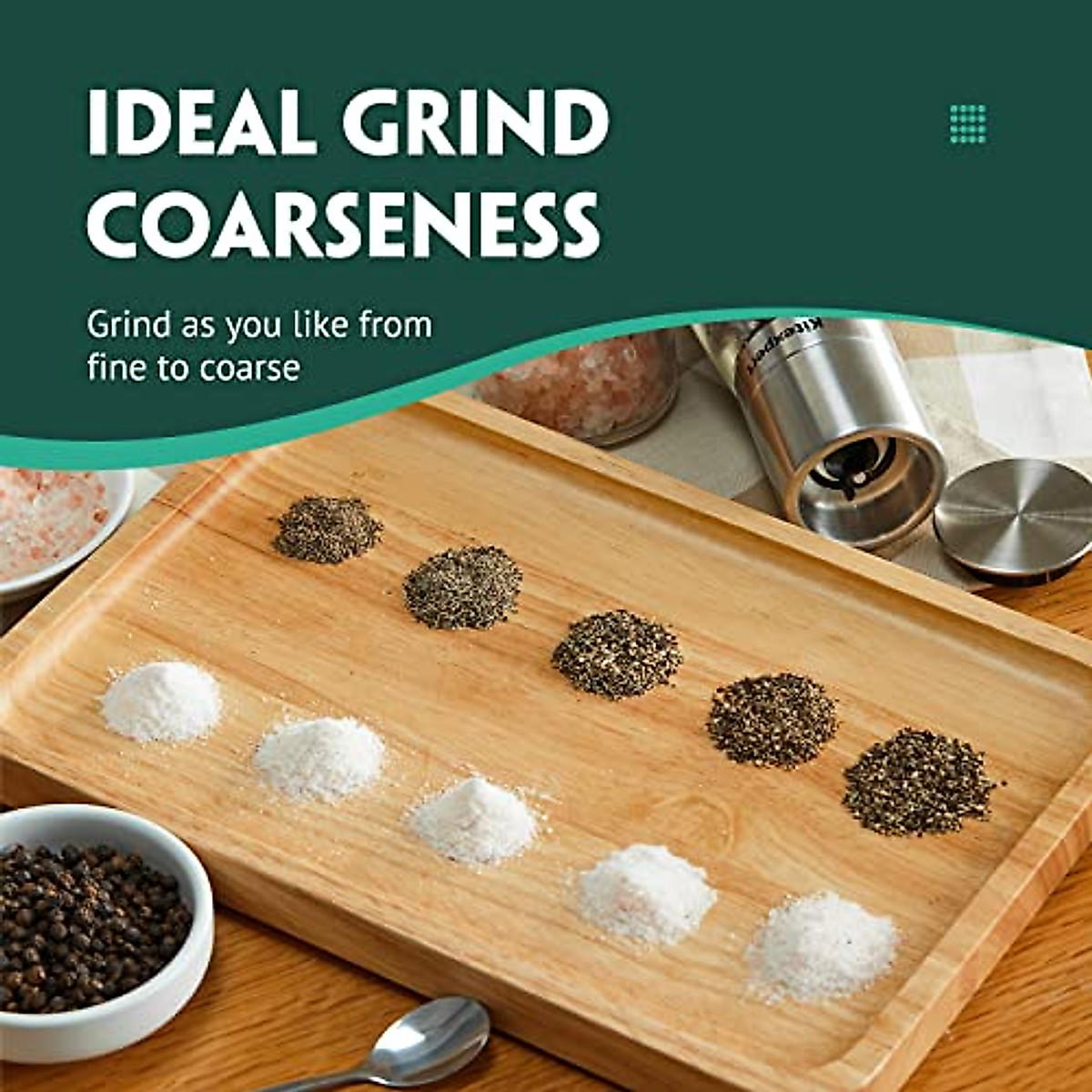 KITEXPERT Salt and Pepper Grinder Set, Chunky Glass Pepper Mill and Salt Grinder Refillable with Large Capacity & Upgraded Grinding Precision, Stainless Steel Pepper Mill Grinder