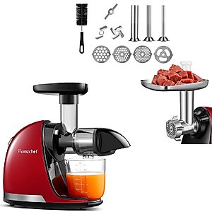 AMZCHEF Slow Masticating Juicer Bundle with Meat Grinder Attachment,Cold Press Juicer With Silent Motor and Reverse Function,with Sausage Stuffer Tubes and Grinding Plates