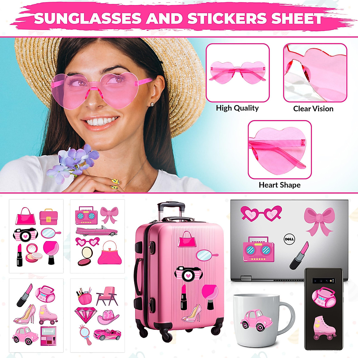 Pink Party Favors 72 Pc Princess Party Stickers Keychain Hot Pink Sunglass Bubble Wand Treat Box for Girl Hot Pink Birthday Party Supplies