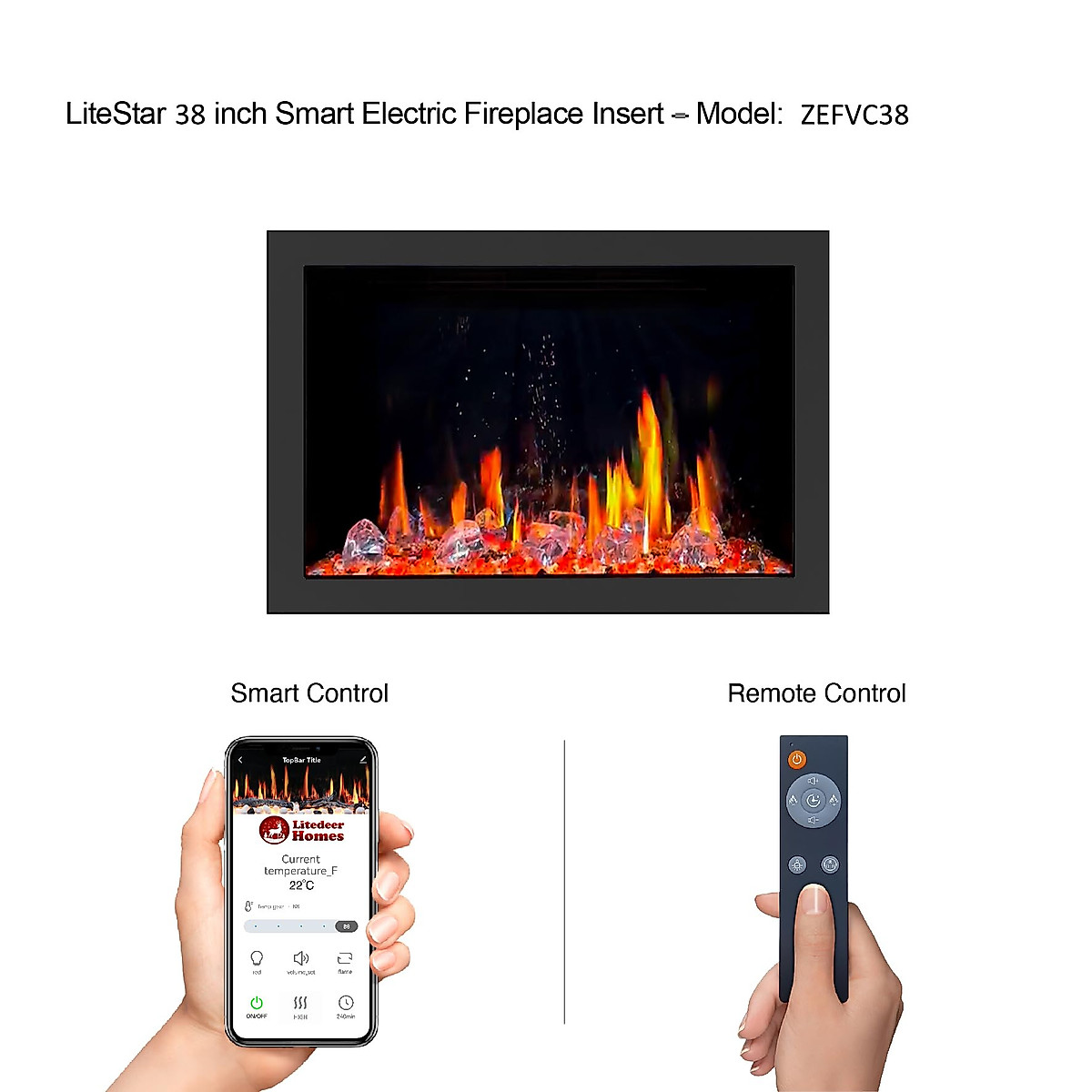 Litedeer Homes LiteStar 38" Smart Electric Fireplace Insert with App, Crackling Fire Sounds, Diamond-Like Crystal, Black - ZEF38VC-C