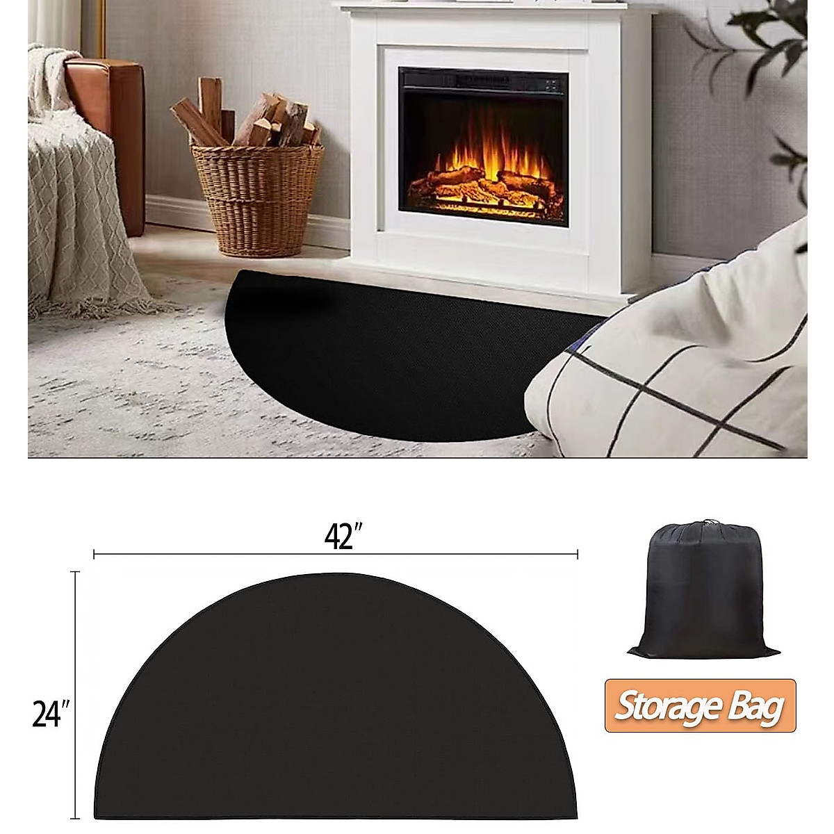 Ahpuhtan Fireproof Fireplace Mat, 24 x 42 Inch Hearth Rugs for Fireplaces, Half Round Hearth Rug Pad for Fireplace Floor Protector, Fireplace Rugs for Wood Stove Indoor Outdoor