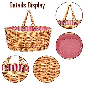 TwentyNext Wicker Picnic Basket with Double Folding Handles, Natural Large Willow Hamper Empty Basket Cheap Easter Eggs Candy Storage Wine Basket for Toy, Flower, Wedding Gifts（Red Stripe L）