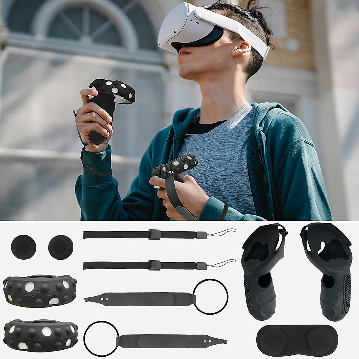 Riokko Controller Grips Cover for Oculus Quest 2, Vr Shell Face Protector Cover Silicone Accessories Anti-Throw Grips Cover with Adjustable Wrist Strap