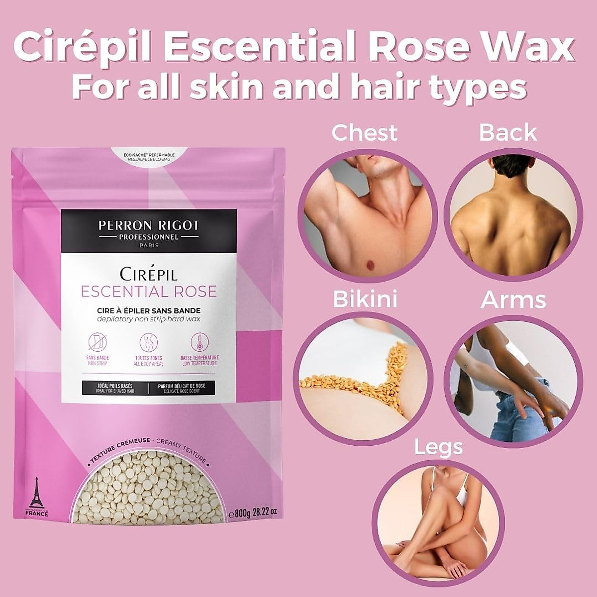 Cirepil - Escential Rose - 800g / 28.22 oz Wax Beads Bag - Light Rose Scent - All-Purpose, Creamy Texture - Perfect for Bikini Waxing