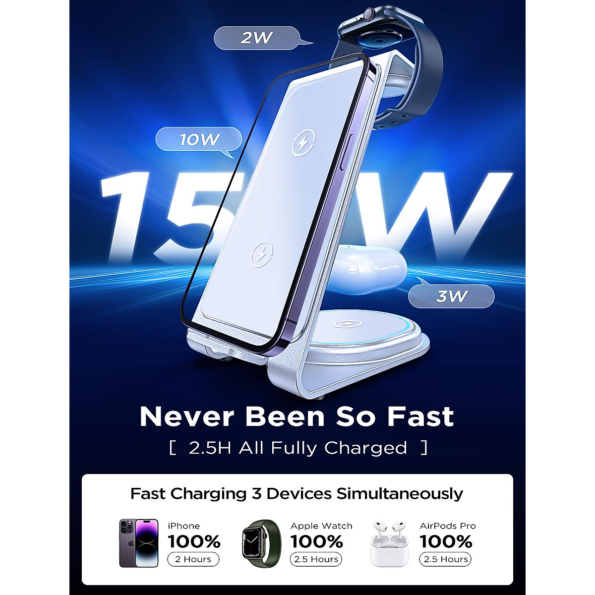 Wireless Charger, 3 in 1 Charging Station for Multiple Devices Apple, [Metal] 15W Fast iPhone Charging Station for iPhone 15/14/13/12/11/Pro/Max/Apple Watch/Airpods Pro