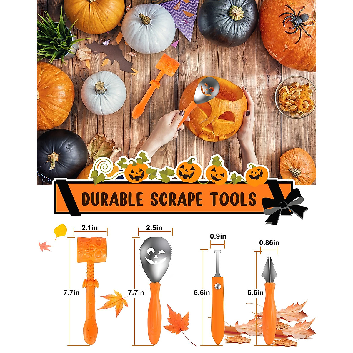 Fenvella Pumpkin Carving Kit for Kids with Hammer, 25 PCS Pumpkin Carving Tools Heavy Duty Stainless Steel Pumpkin Carver Set, Halloween Pumpkin Carving Stencils, Safe Carving Tools Kit for Adults