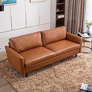 Dreamsir 80'' Faux Leather Sofa, Mid-Century Modern Loveseat Couch with Solid Wooden Frame & Padded Cushions, 3-Seater Sofa Couch for Living Room, Apartment, Lounge Room (Brown)