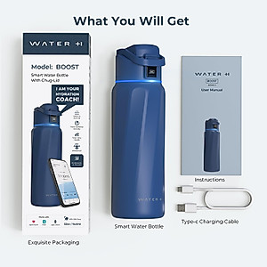 WATERH BOOST Smart Water Bottle with Reminder to Drink Water & Water Tracker Bottle - Double Wall Vacuum Insulated Water Bottle Stainless Steel, Wide Mouth 32 oz Water Bottles, Ideal for Gift - Blue