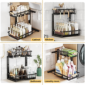 ZMJESSNIA Under Sink Organizer, 2 Tier Under Sink Organizers and Storage, Metal Slide out Pull out Cabinet Organizer ，2 Pack Sliding Drawer Organizer for Kitchen Bathroom Pantry
