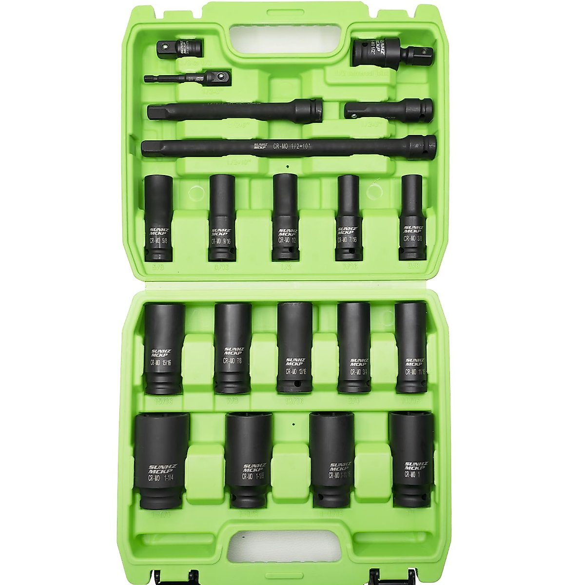 SUNHZ MCKP 20 PCS 1/2" Impact Socket Set, Drive Deep 6 Point Socket Set, Including Standard SAE Sockets (3/8" to 1-1/4"), 3 ", 6", 10" Impact Extension Bar and Drill Socket Adapter, Cr-MO