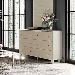 WAMPAT Dresser with 6 Drawers for Bedroom, Wooden Kids Dressers with Wide Chest of Drawers, Beige Modern Closet Storage Organizer Furniture with Solid Wood Legs for Living Room, Hallway, Nursery