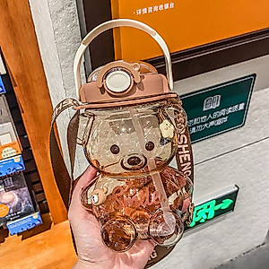 JQWSVE Kawaii Straw Bottle, , Leak-Proof Cute Kawaii Bear Water Bottle with Stickers for Girls School Office Travel