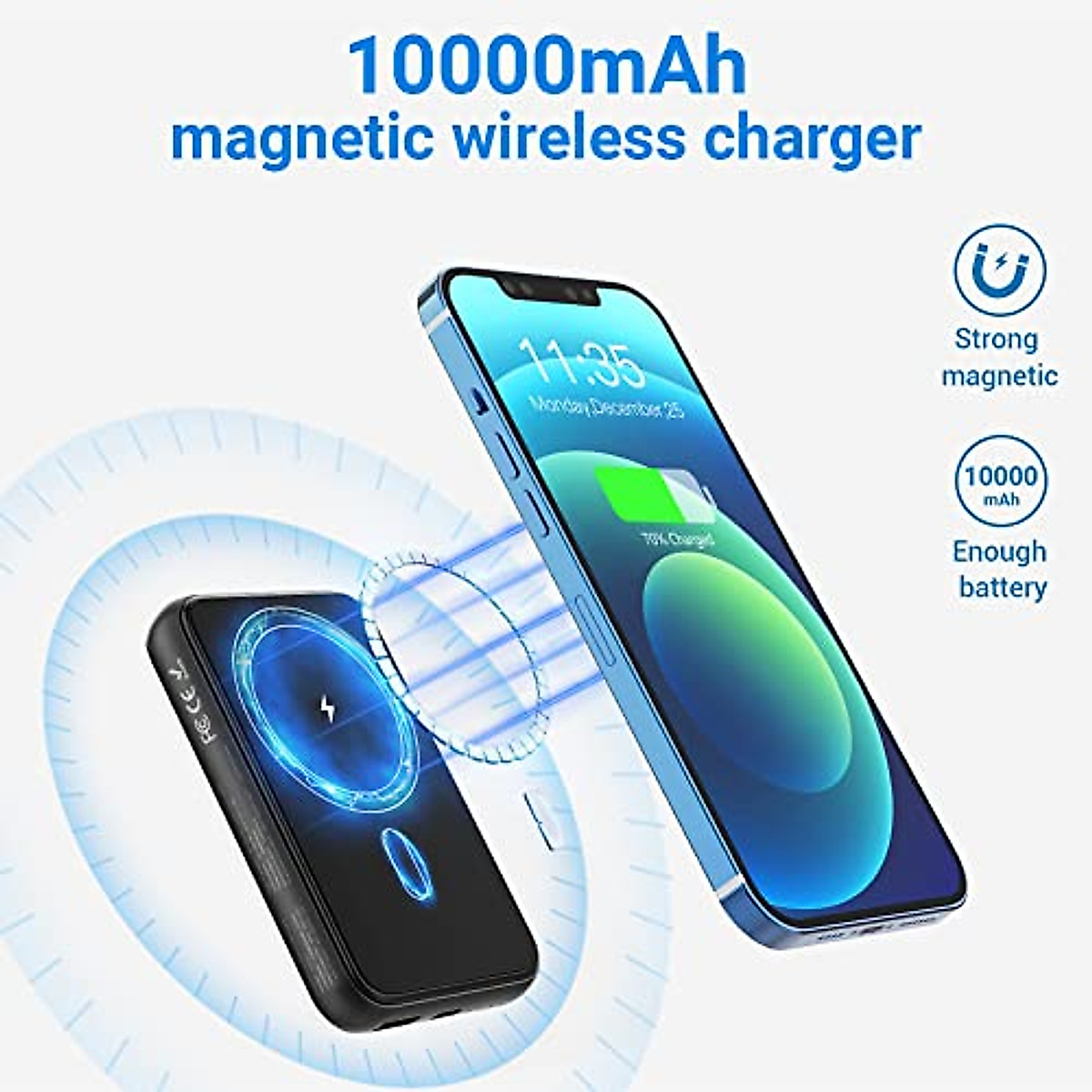 HERRBOL Magnetic Wireless Charger, Power Bank with USB-C Cable,Fast Magnetic Wireless Portable Charger Gife for iPhone 14 13 12/12 Pro / 12 Pro Max / 12 Mini（Black）