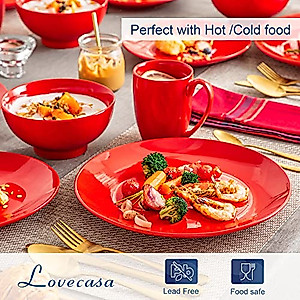 LOVECASA Red Dinnerware Sets for 4, 16 PCS Porcelain Dishes Set, Round Plates and Bowls Sets Including Dinner Plates, Dessert Plates, Bowls and Mugs, Microwave&Dishwasher Safe, Orangered
