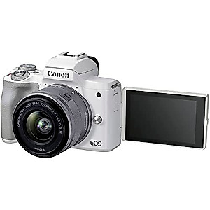 Canon EOS M50 Mark II Mirrorless Camera with 15-45mm Lens (White) (4729C004) + 64GB Memory Card + Card Reader + Case + Flex Tripod + Hand Strap + Memory Wallet + Cap Keeper + Cleaning Kit (Renewed)