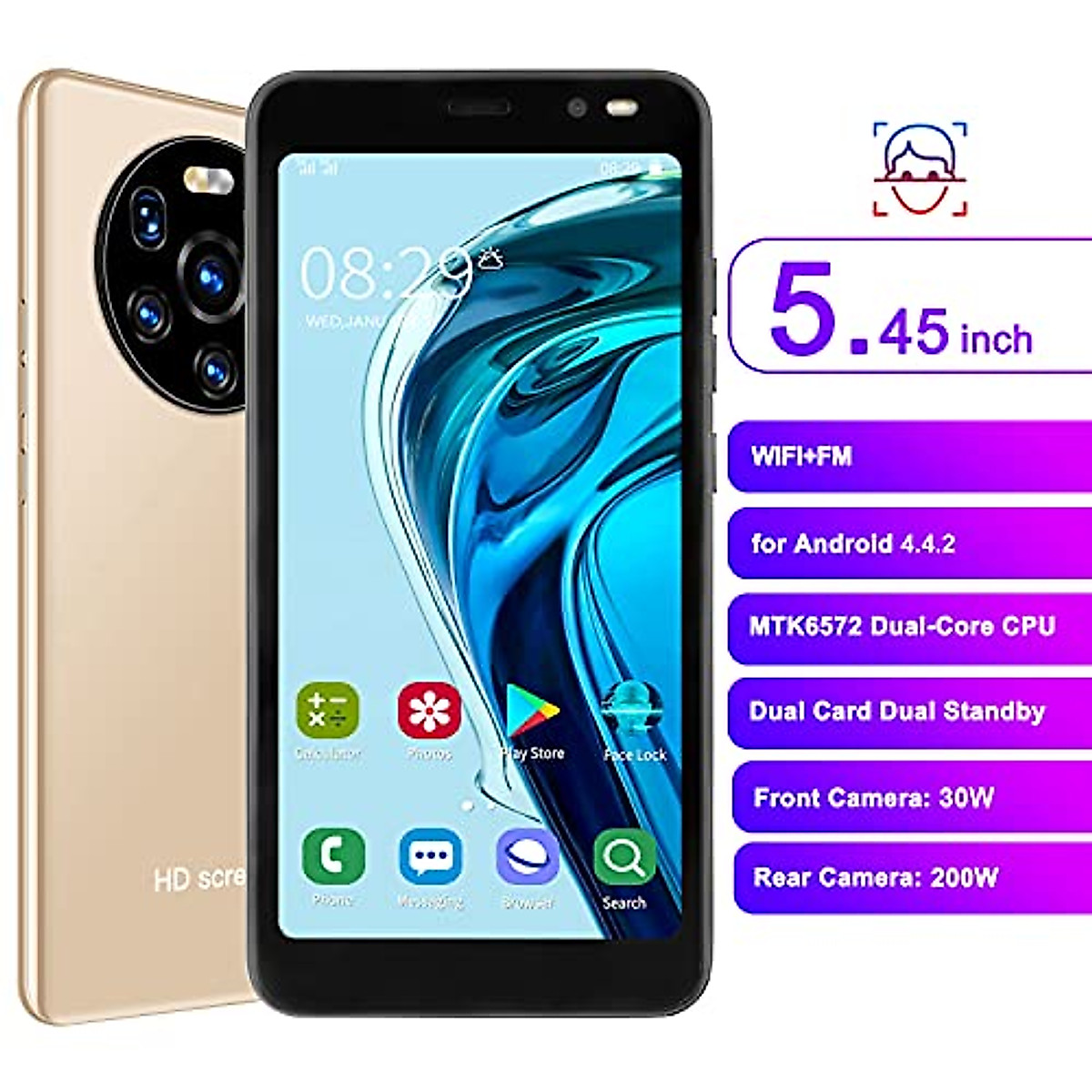 5.45in HD Full Screen Cell Phones, Mate40 Pro Dual Card Dual Standby Smartphones, 512MB+4GB Android4.4.2 Smart Phone, MTK6572 DualCore CPU, Face Recognition Unlocking(Gold)