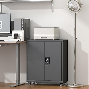 GREATMEET Metal Storage Cabinet with Locking Doors and Adjustable Shelf, Folding Filing Storage Cabinet with Wheels, Rolling Storage Locker Cabinet for Home Office,School,Garage, Black