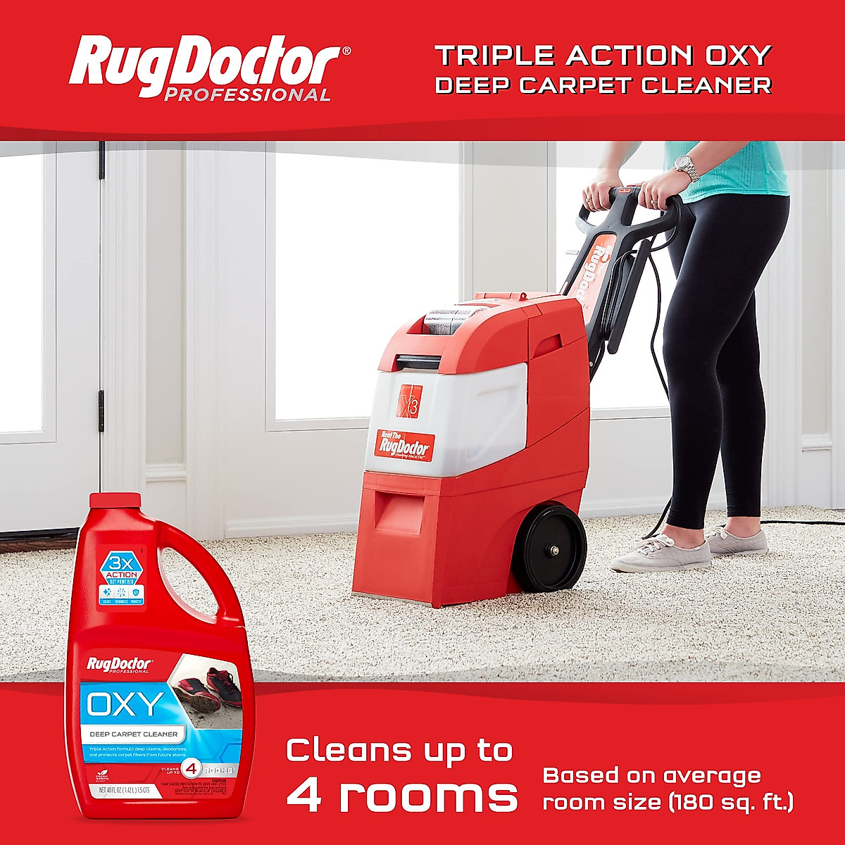 Rug Doctor Triple Action Oxy Deep Carpet Cleaner, 48 oz., Deep Cleans, Deodorizes, & Protects, Concentrated, Professional-Grade, 3X Action Formula