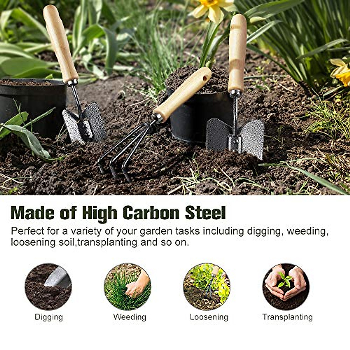 MOSFiATA Gardening Tools Set, 3 Pcs Garden Tools Set, High Carbon Steel Heavy Duty Gardening Tools Kit Includes Hand Trowel, Transplant Trowel and Cultivator Hand Rake, Gardening Gifts for Women Men