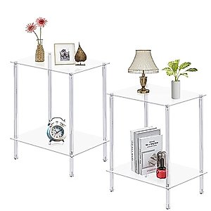 IRCPEN Acrylic Side Tables with 2 Shelve, End Table Set of 2, Nightstands for Tight Spaces, 2-Tier Tempered Glass Bedside Table for Office, Bedroom, Living Room, Study, Outdoor (2, Transparent)