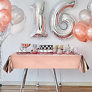 12 Pack Rose Gold Foil Tablecloth Party Rectangular Metallic Table Covers 54 x 108 Inch Shiny Plastic Table Cloths Waterproof Holographic for Christmas Birthday Wedding Anniversary Party Supplies