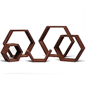 SweetSet Hexagon and Honeycomb Floating Wooden Shelves for Wall mountingStacking, Includes Set of 5 Shelves Screws and Anchors Included, Also Includes Measuring Template for Easy Mounting, Brown-red