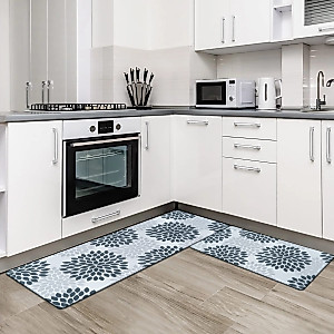 Alishomtll Floral Kitchen Rugs Sets 2 Pieces Anti Fatigue Kitchen Mats for Floor Cushioned Waterproof Kitchen Floor Mat, Non Skid Sink Mats Comfort Standing Mat (Grey)