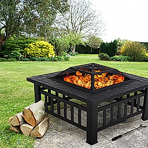 Fire Pit Table, Outdoor Fireplace Firepit Camping Accessories 32 in Square Smokeless Fire Pit with Spark Screen, Log Poker for Outside Garden Patio Backyard