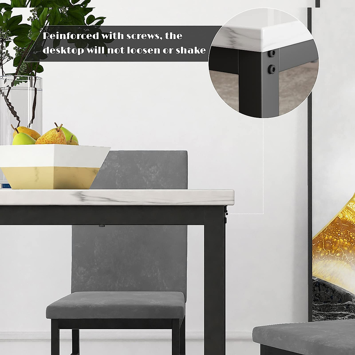 YOFE Dining Table Set for 4, Kitchen Table with 4 Chairs,Faux Marble Tabletop & 4 Durable Gray Velvet Chairs for Dining Room,Kitchen, Dinette, Breakfast Nook (Gray+White)