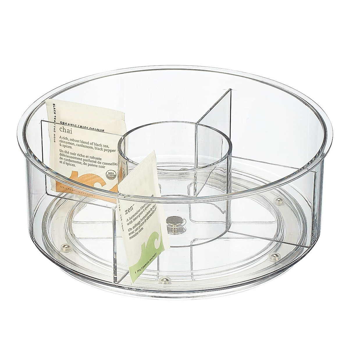 mDesign Lazy Susan Turntable Divided Plastic Spinner for Kitchen Pantry, Fridge, Cupboard, or Counter Organizing, Fully Rotating Organizer for Tea Bags, 9" Round - Lumiere Collection - Clear