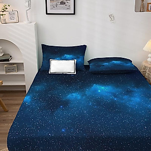 Galaxy Sheets Full Size Sheet Sets - Navy Blue Starry Sky Bed Sheets, Soft Microfiber & Deep Pocket & Wrinkle Free Patterned Bedding Sheets & Pillowcases, 1 Fitted Sheet, 1 Flat Sheet, 2 Pillow Cases