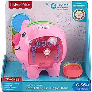 Fisher-Price Laugh & Learn Baby Learning Toy Smart Stages Piggy Bank With Music & Phrases For Infant To Toddler Ages 6+ Months