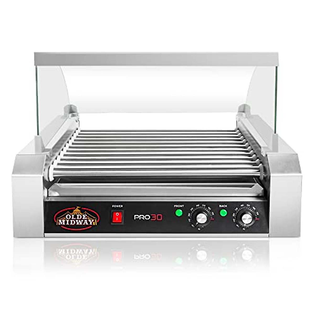 Olde Midway PRO30 Electric Grill Cooker Machine, 30 Hot Dog 11 Roller with Cover, Commercial Grade, Stainless Steel