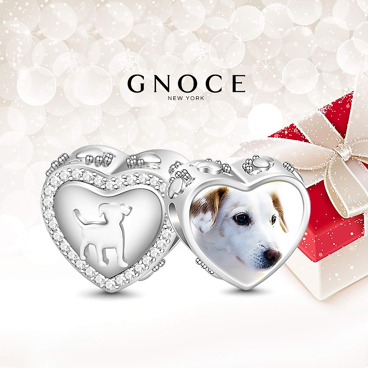 GNOCE Custom Photo Charms Bead For Dog Personalized Photo Animals Charm 925 Sterling Silver Pendant for Bracelets (Pet)